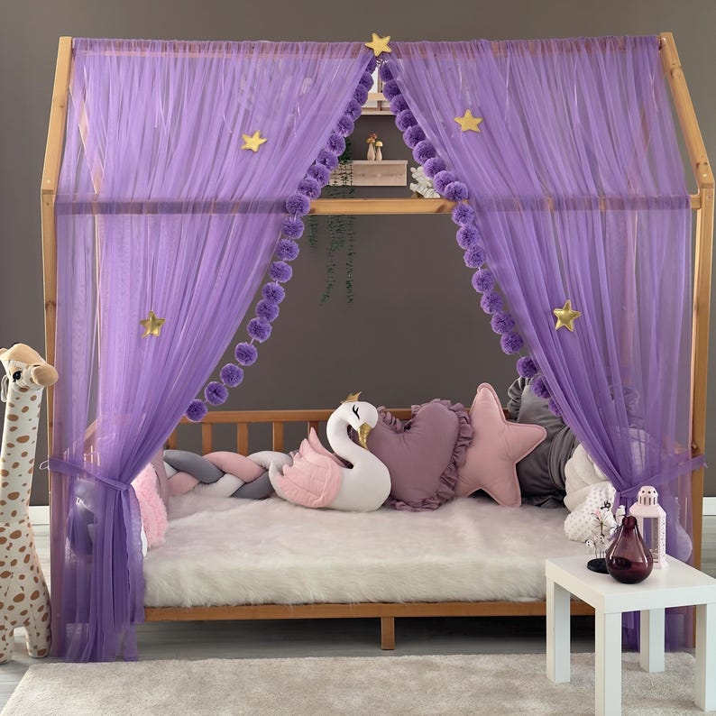 Lilac Montessori Bed Canopy, Kids Bed Canopy, Montessori Bed Curtains ...
