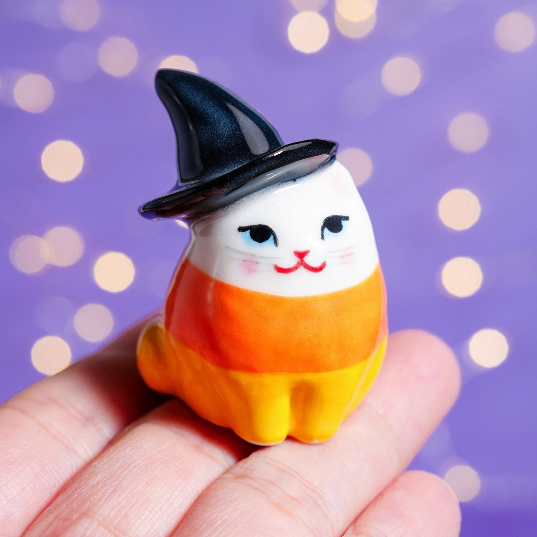 Cute Candy Corn Cat Figurine, Ceramic Spooky Cats, Halloween Animal ...