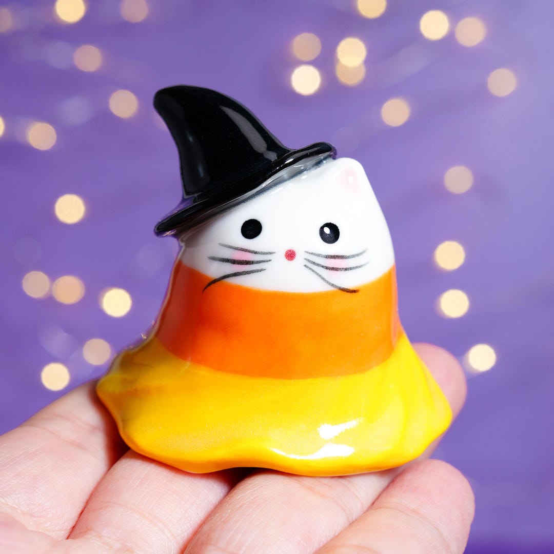 Candy Corn Ghost Cat Figurine, Ceramic Spooky Cats, Halloween Ghost ...