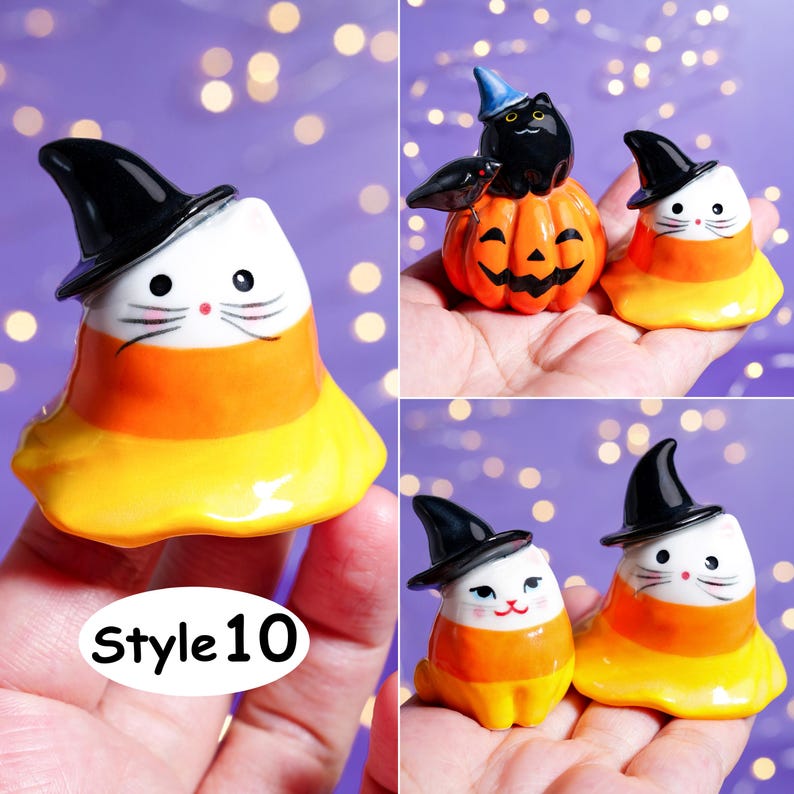 Handmade Halloween Cat Figurine: Black Cat on Pumpkin, Candy Corn Ghost ...