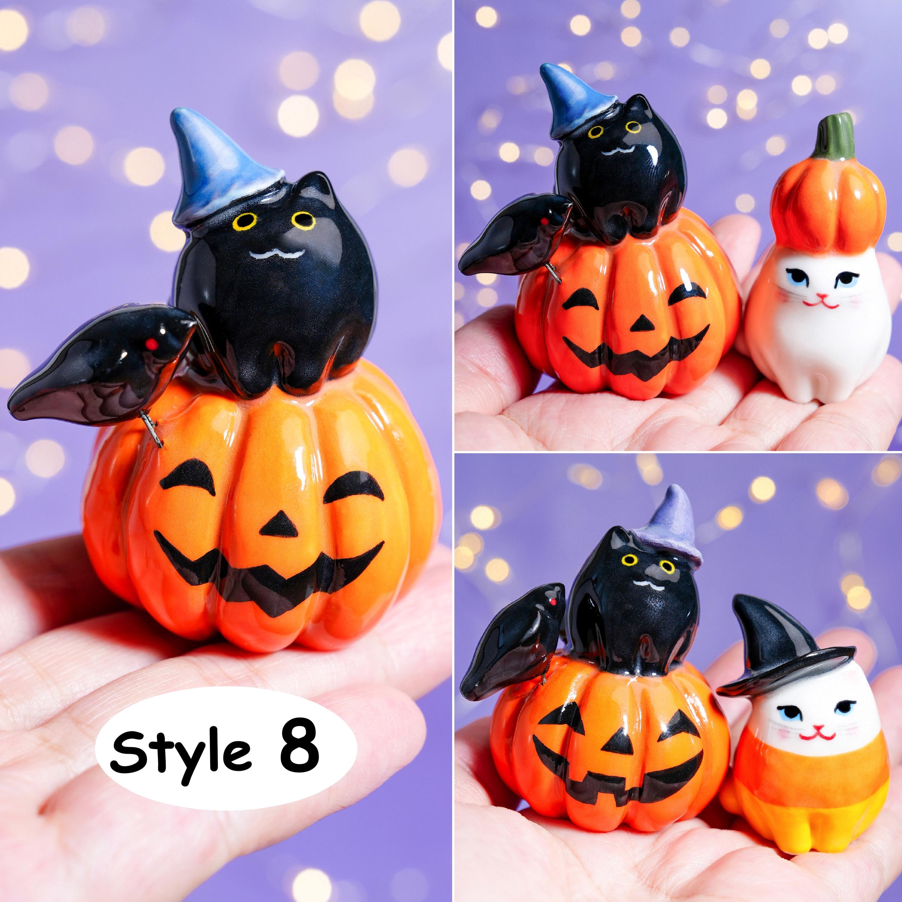 Handmade Halloween Cat Figurine: Black Cat on Pumpkin, Candy Corn Ghost ...