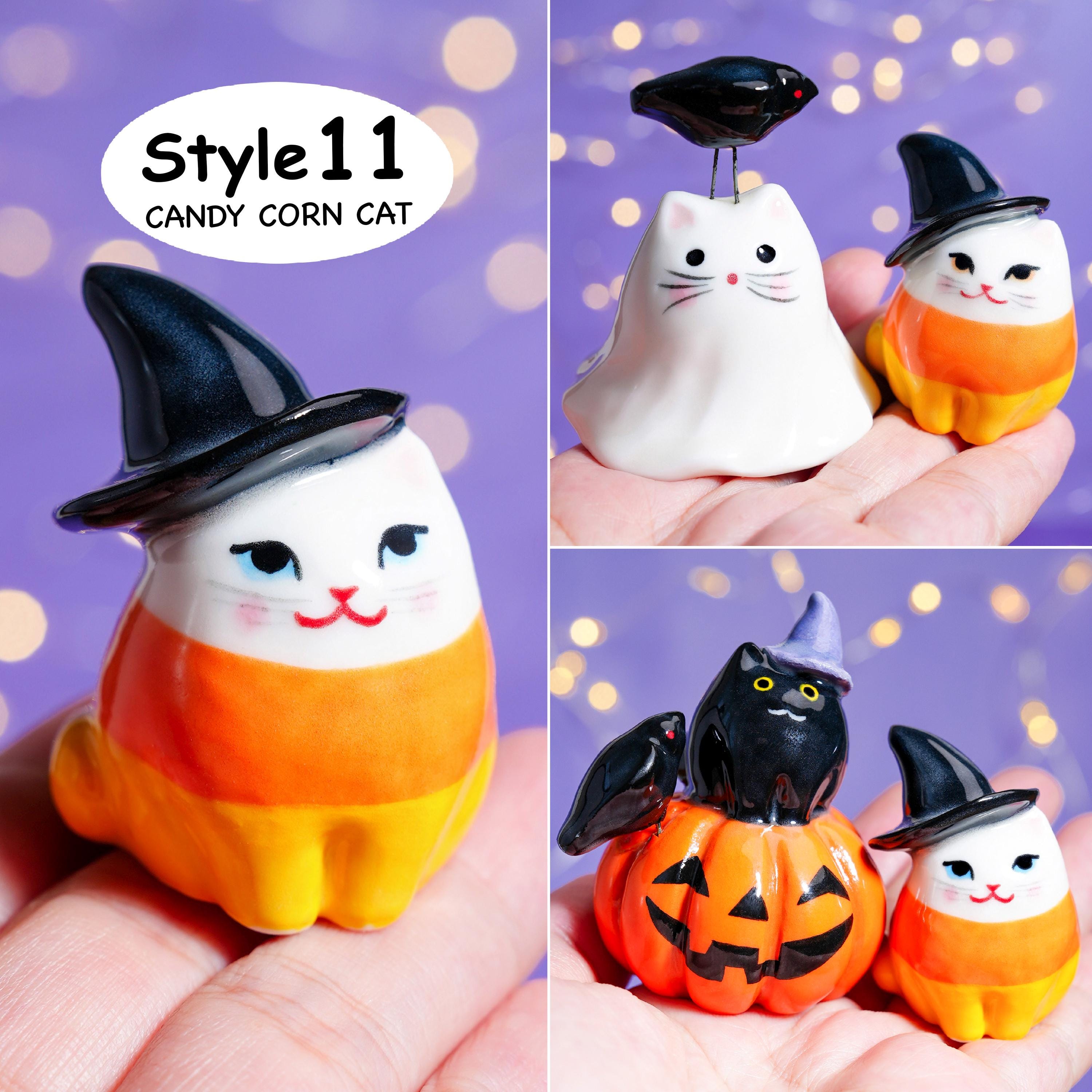Handmade Halloween Cat Figurine: Black Cat on Pumpkin, Candy Corn Ghost ...