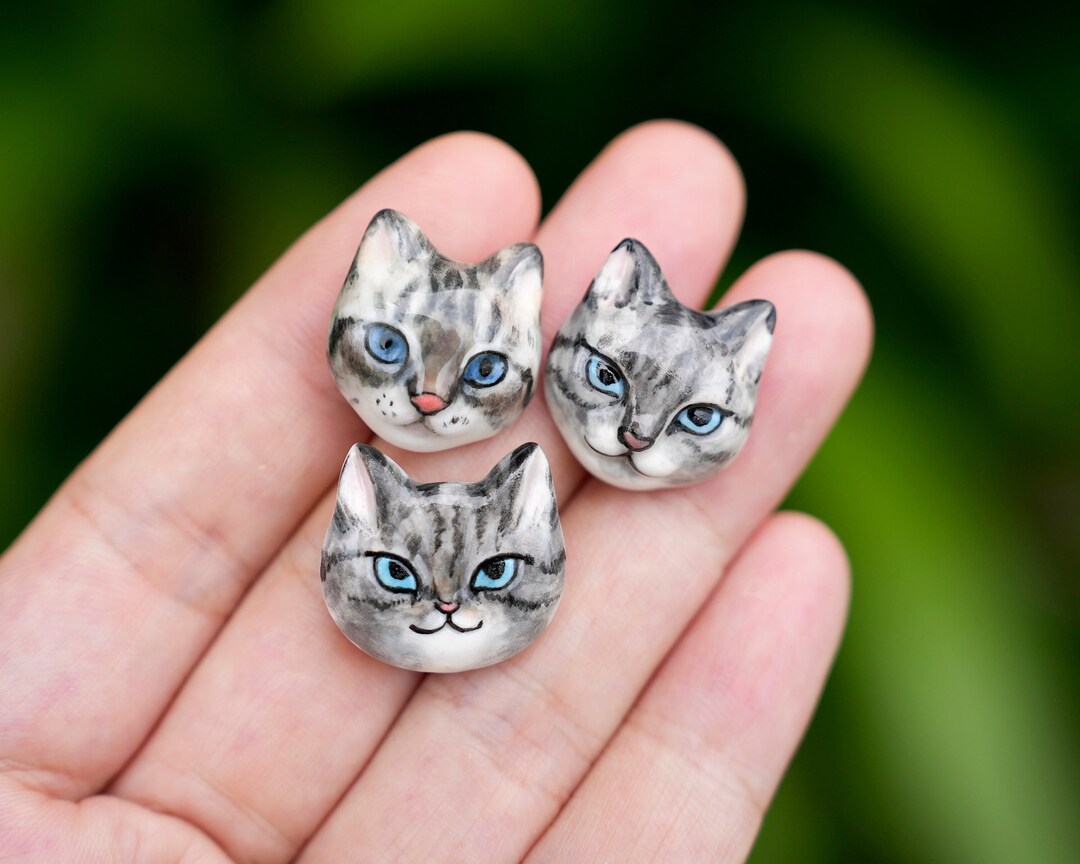 Ceramic Tabby Cat Pin, Porcelain Cat Brooch, Hand Painted Tabby Cat ...