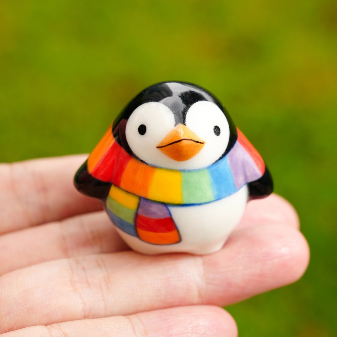 Handmade Ceramic Penguin Figurine: Rainbow Scarf Desk Buddy - Etsy
