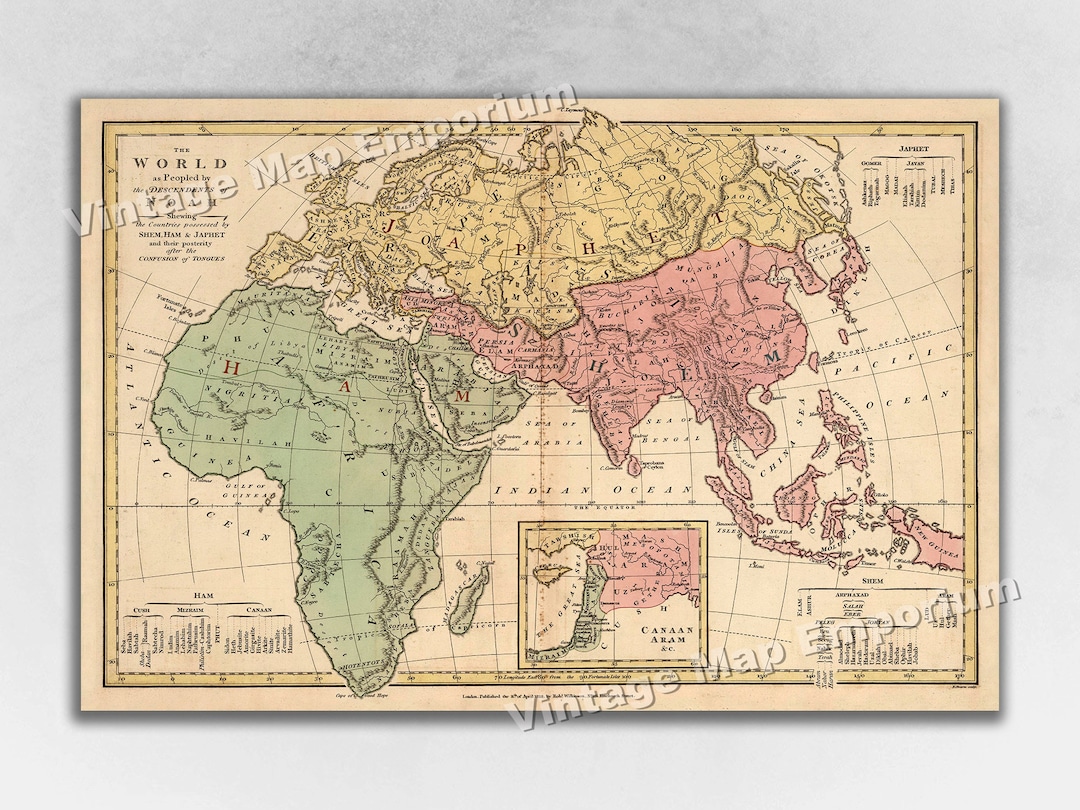 1818 Map of the World as Peopled by Descendents of Noah - Vintage ...