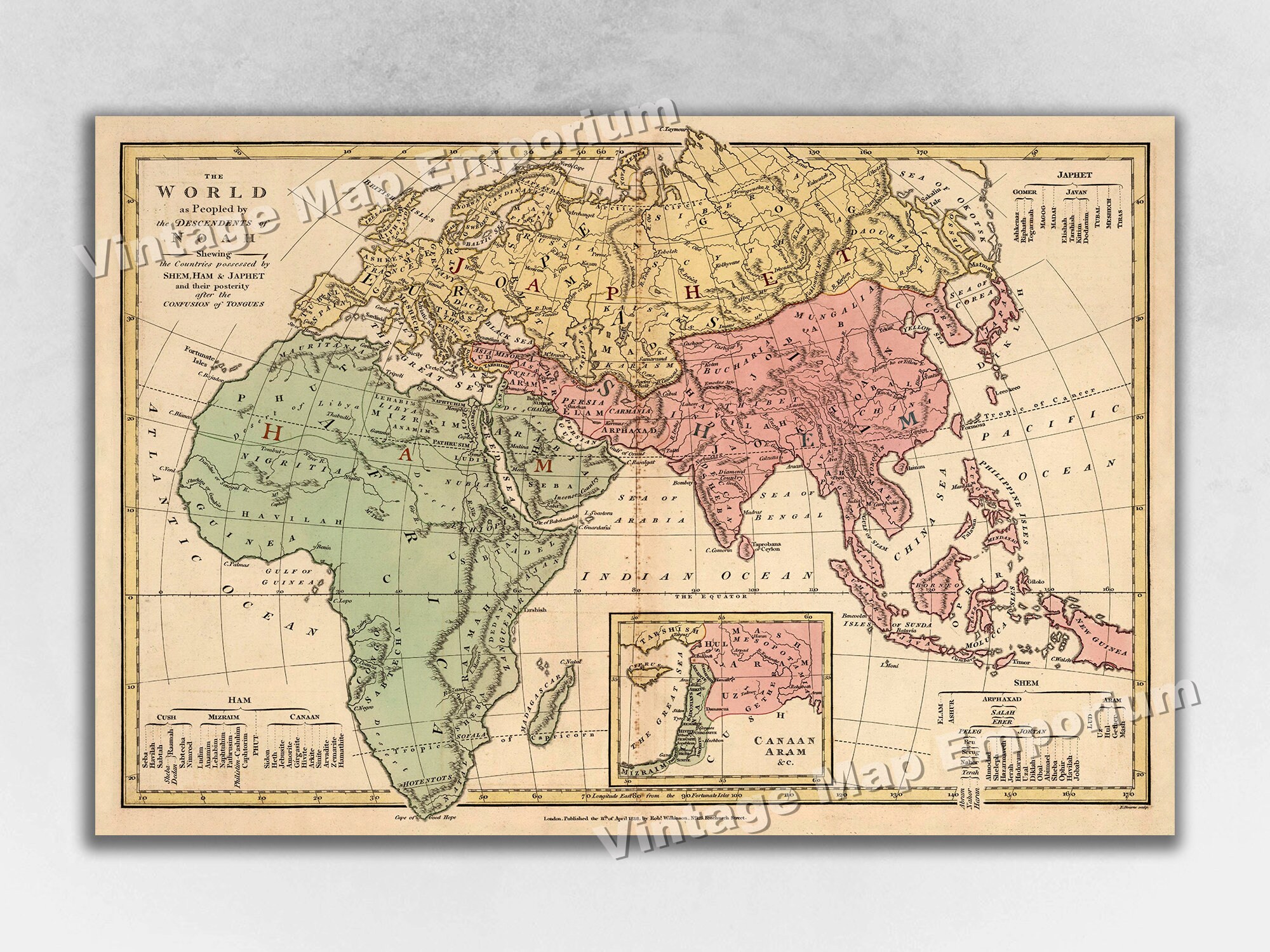 1818 Map of the World as Peopled by Descendents of Noah | Etsy