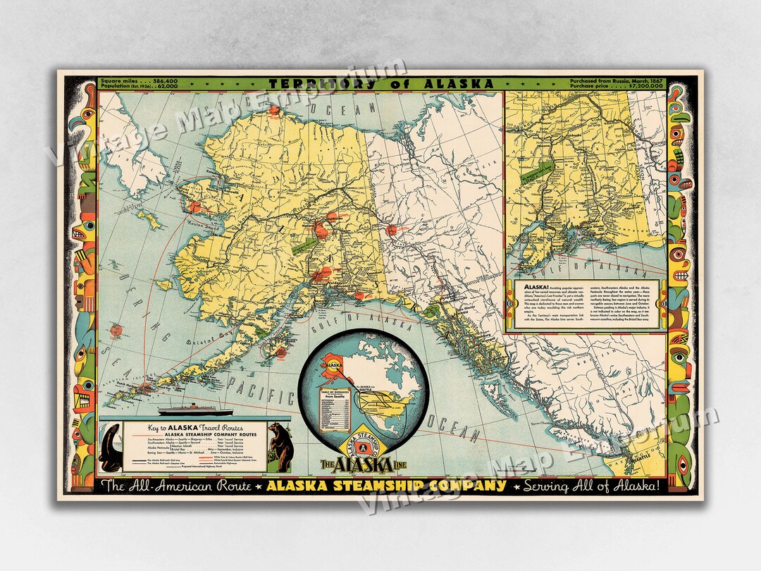 1936 Alaska Steamship Company Historic Vintage Style Wall Map Art Print ...