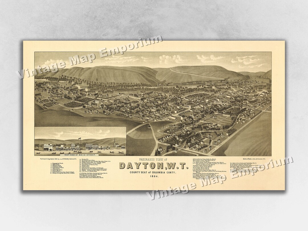 1884 Dayton, Washington Map - Panoramic Old City Map - Historic Birds ...