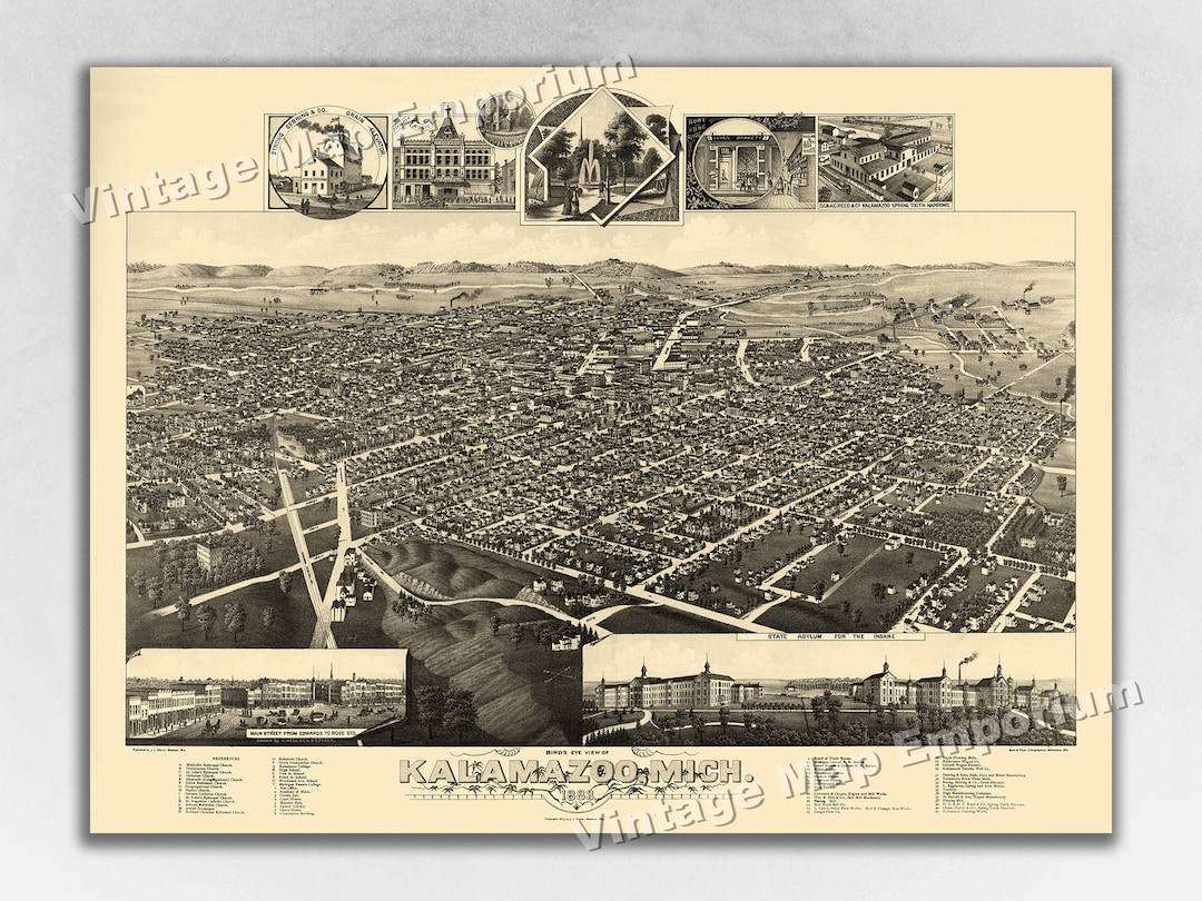 1883 Kalamazoo, Michigan Map - Panoramic Old City Map - Historic Birds ...