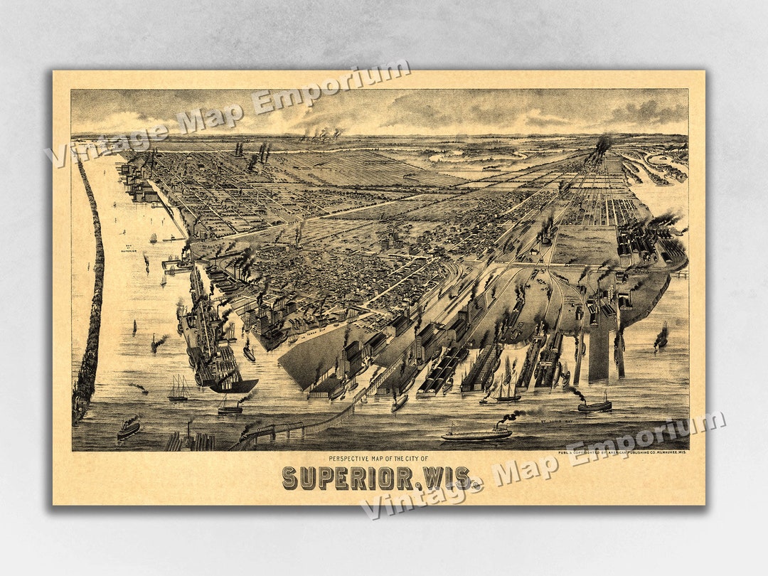 1890 Superior, Wisconsin Map - Panoramic Old City Map - Historic Birds ...