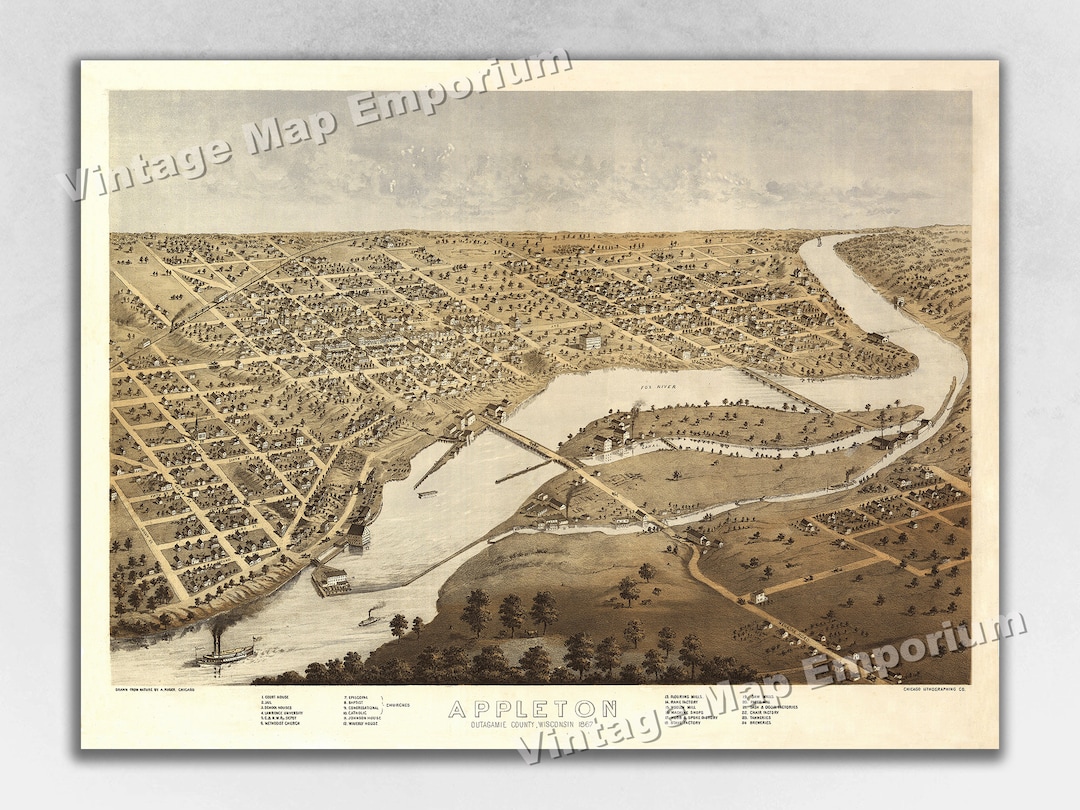1867 Appleton, Wisconsin Map - Panoramic Old City Map - Historic Birds ...