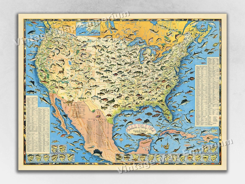 1957 Sportsmen's Fishing Map of the United States - Etsy