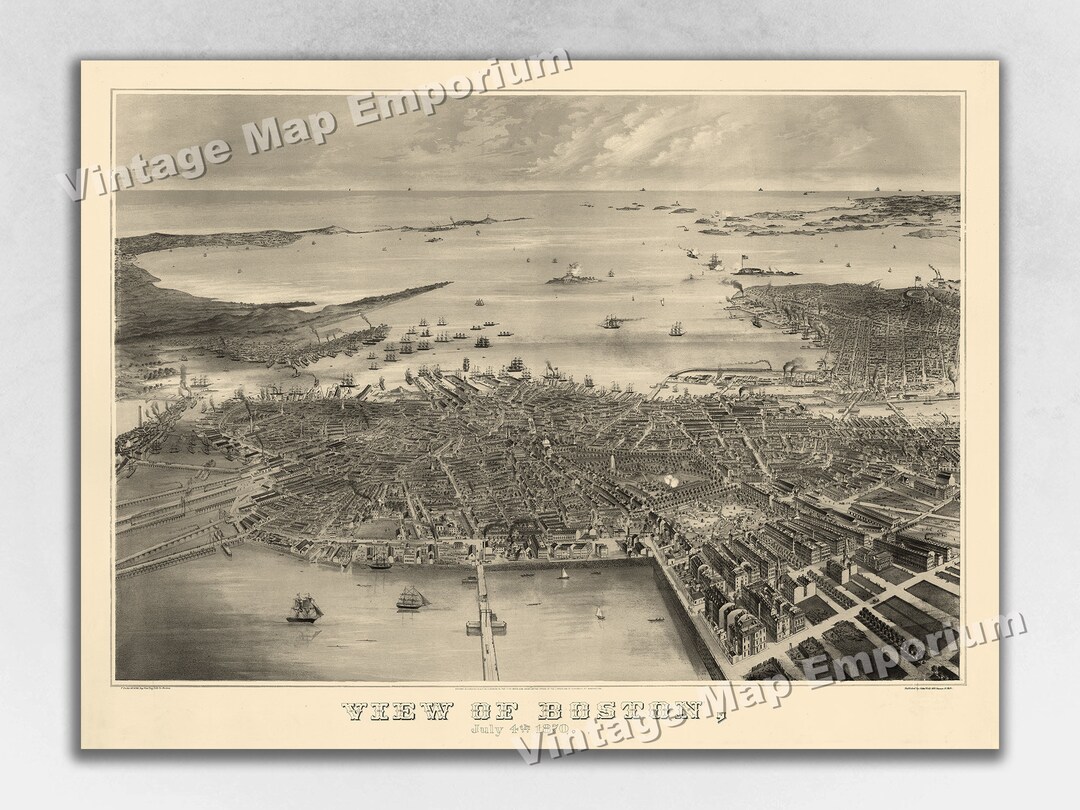 1870 Boston Massachusetts Map - Panoramic Old City Map - Historic Birds ...