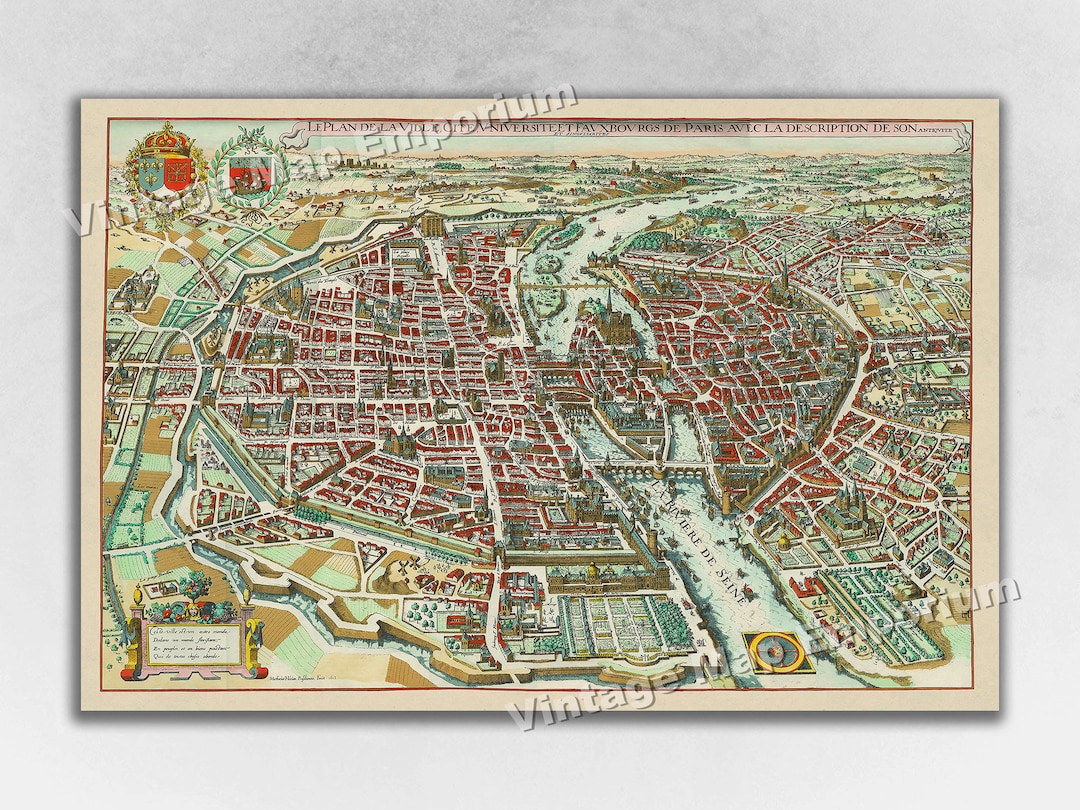 1615 Merian Map of Paris Historic Map - Vintage Paris City Plan ...