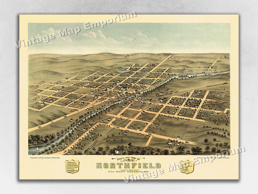 1869 Northfield, Minnesota Map - Panoramic Old City Map - Historic ...