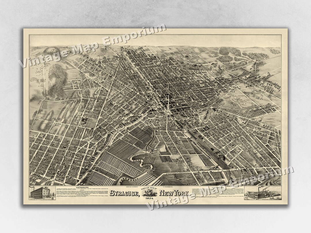 1874 Syracuse, New York Map - Panoramic Old City Map - Historic Birds ...