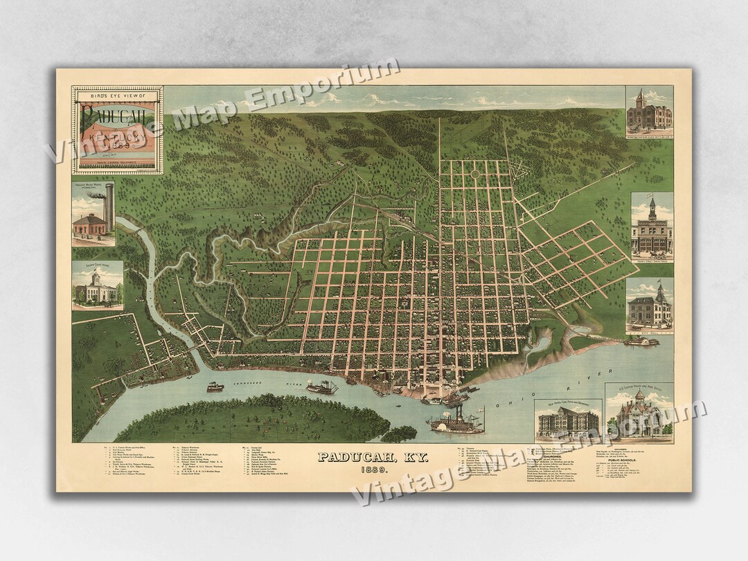1889 Paducah, Kentucky Map - Panoramic Old City Map - Historic Birds ...