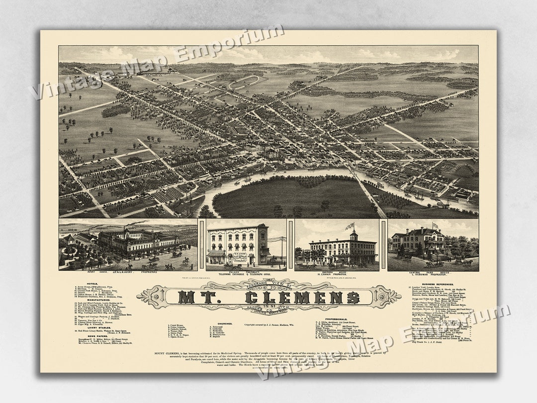 1881 Mt. Clemens, Michigan Map - Panoramic Old City Map - Historic ...