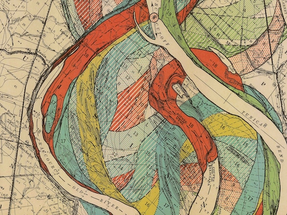 Home Décor Vintage Wall Map Art Decor Fisk Mississippi River Meander ...