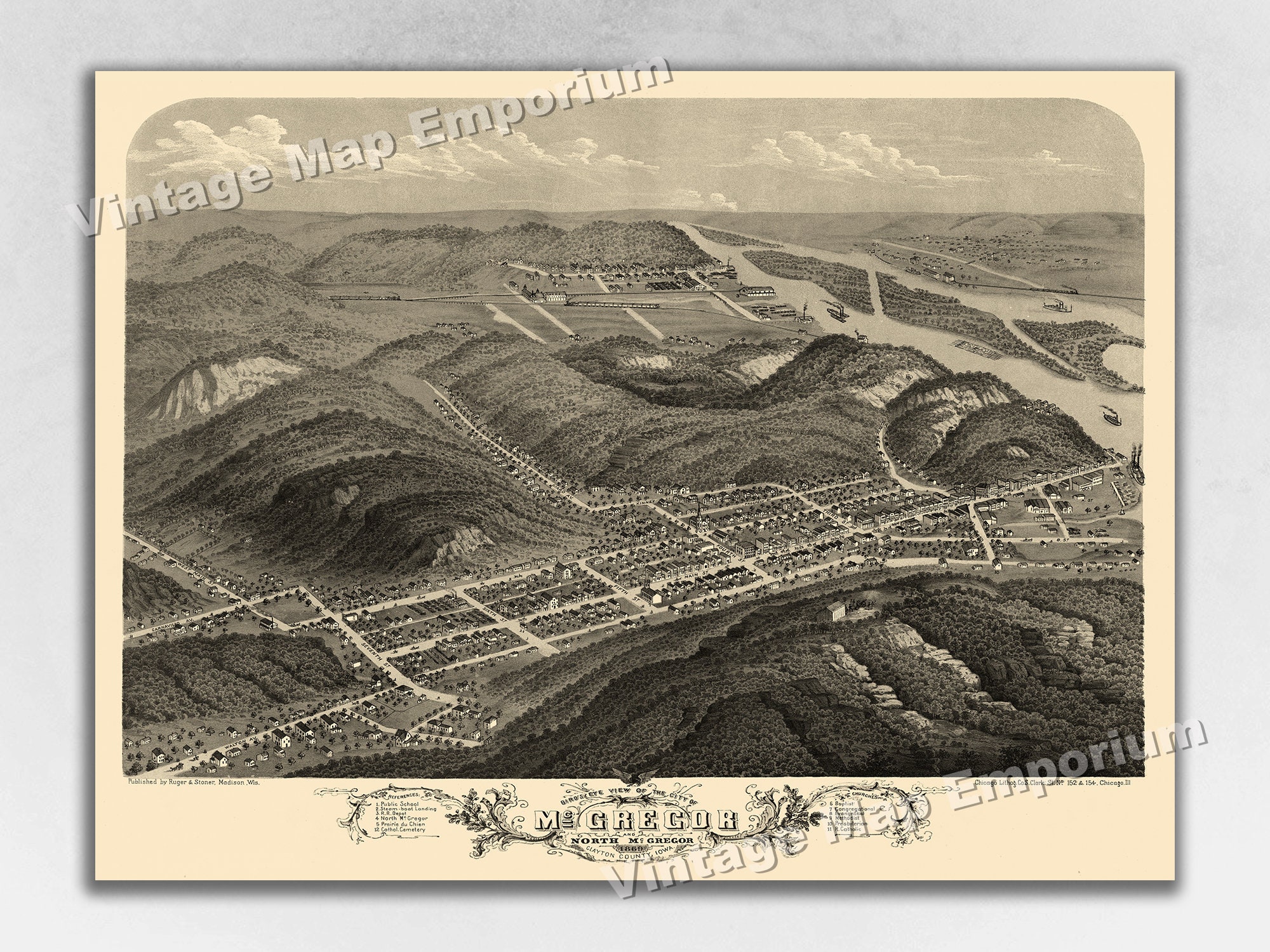 1869 Mcgregor, Iowa Map - Panoramic Old City Map - Historic Birds Eye ...