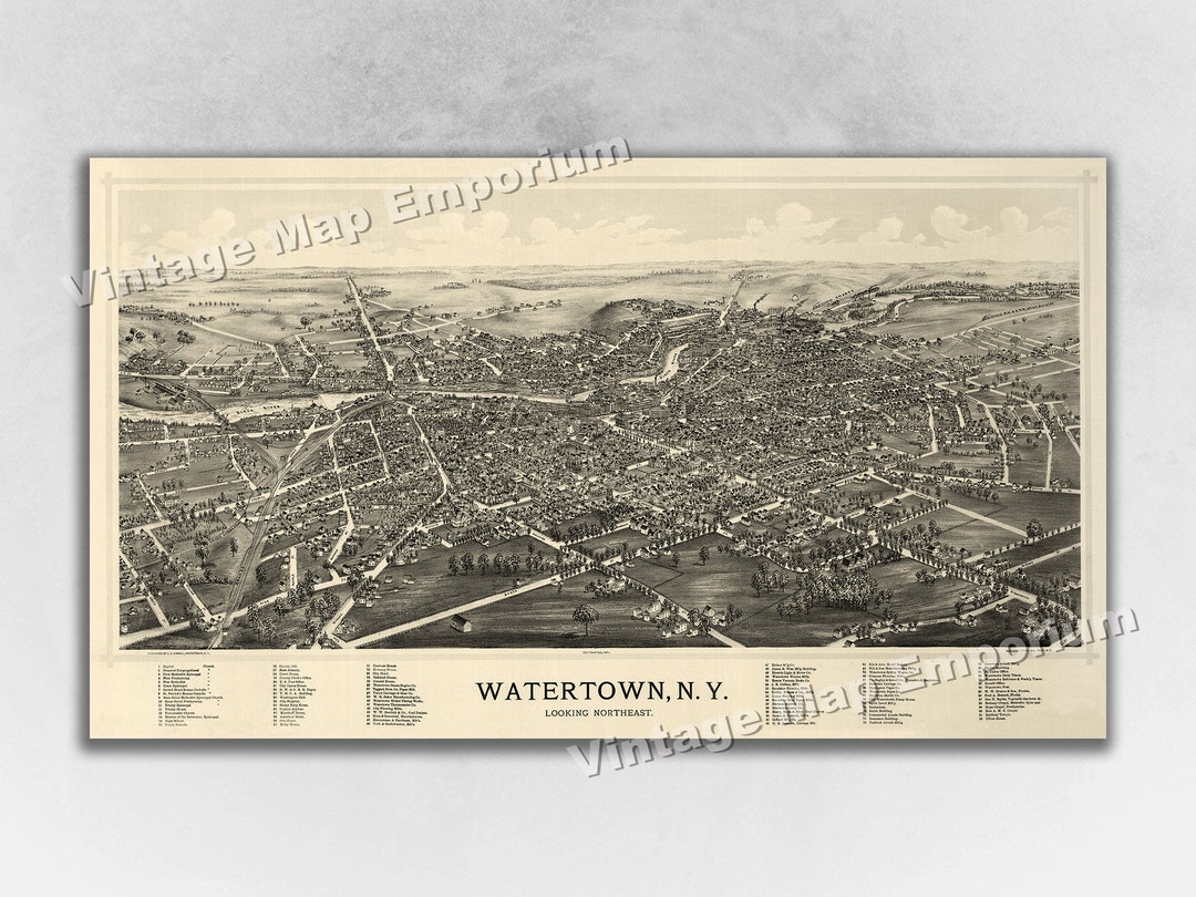 1891 Watertown, New York Map - Panoramic Old City Map - Historic Birds ...