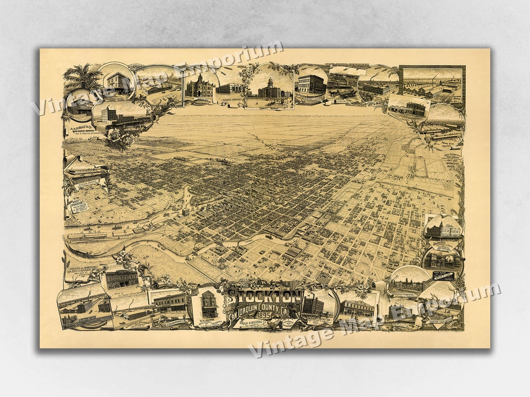 1895 Stockton, California Old Panoramic City Map - Historic Birds Eye ...