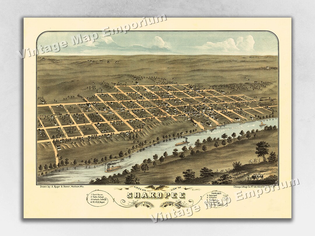 1869 Shakopee, Minnesota Map - Panoramic Old City Map - Historic Birds ...