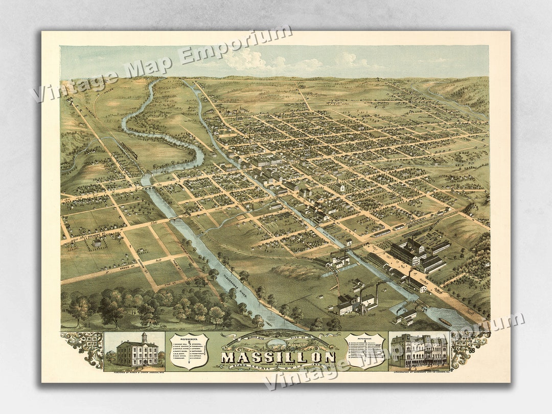 1870 Massillon, Ohio Map - Panoramic Old City Map - Historic Birds Eye View Vintage Map Art ...