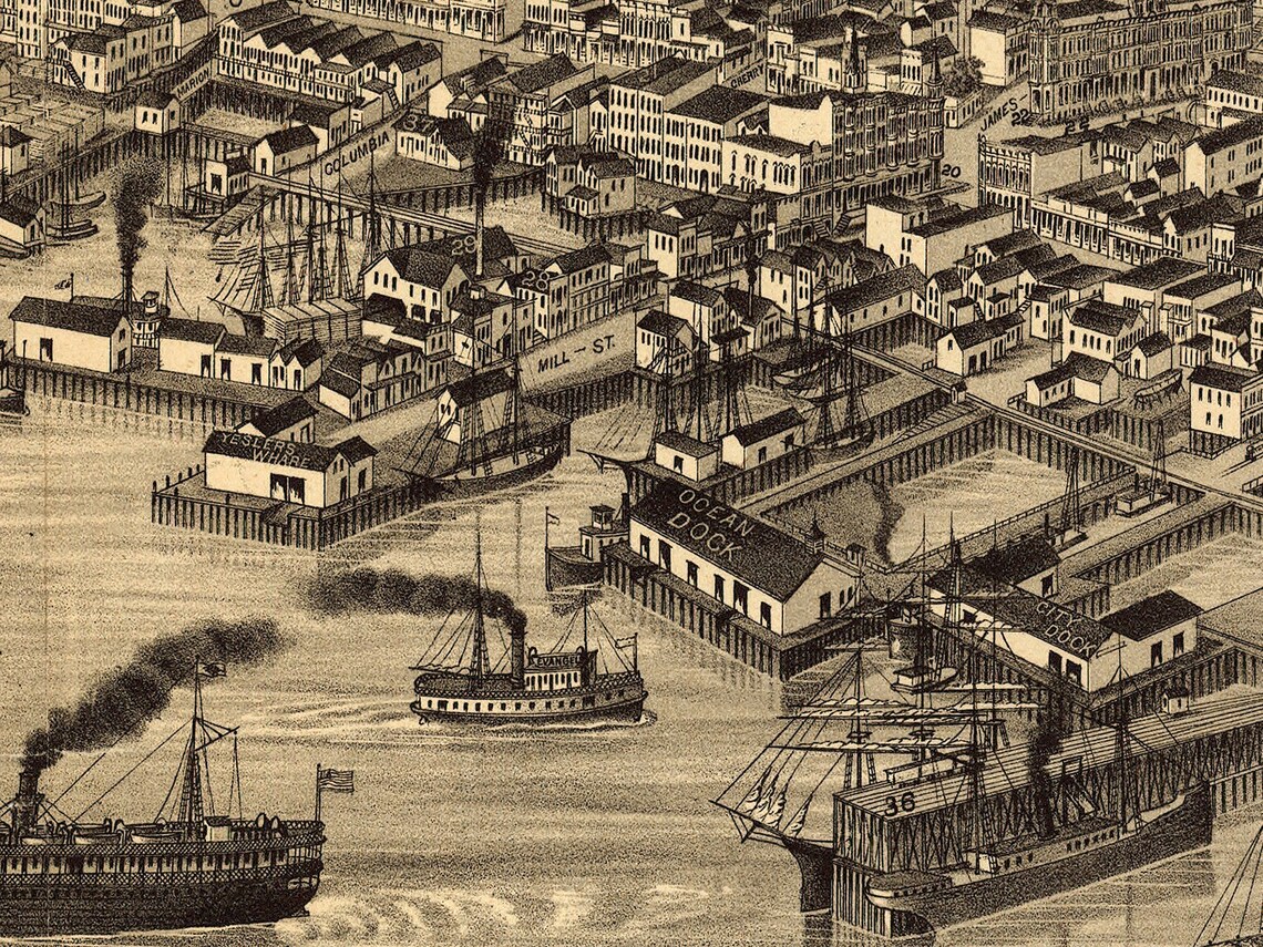 1884 Seattle, Washington Map - Panoramic Old City Map - Historic Birds ...