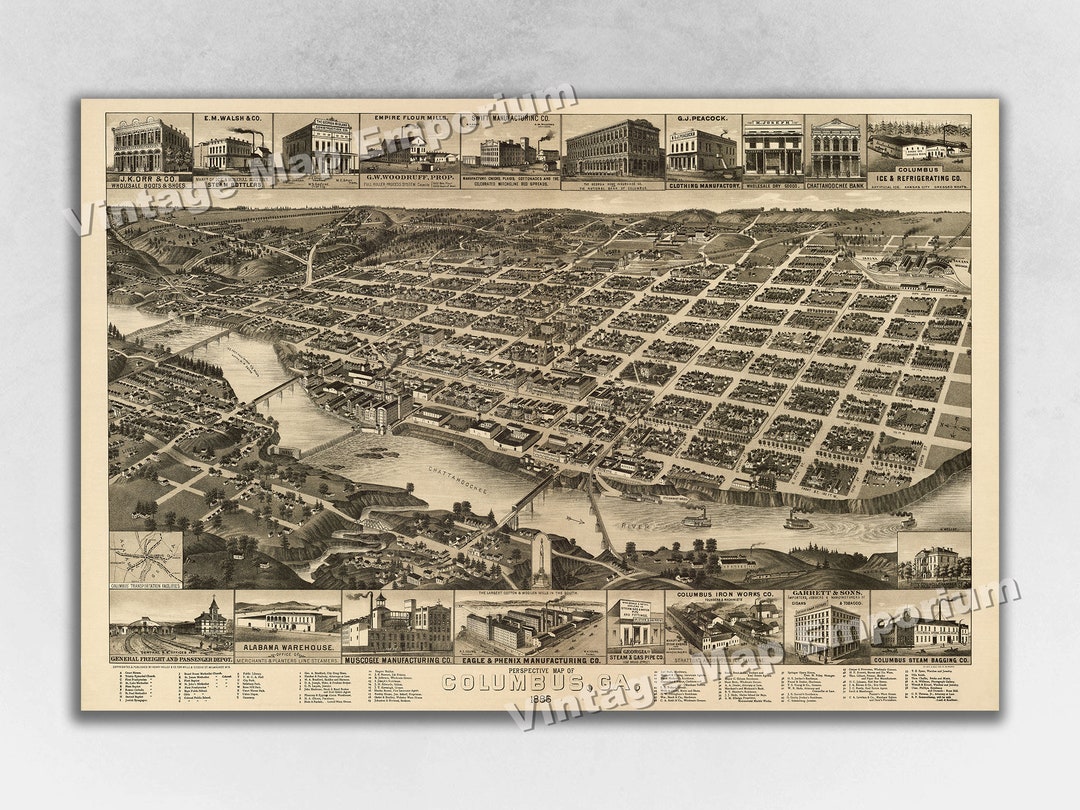 1886 Columbus, Georgia Map - Panoramic Old City Map - Historic Birds ...
