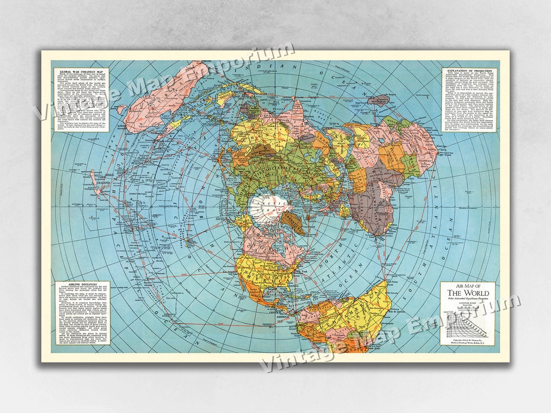 Flat Earth Map - Polar Azimuthal Equidistant Projection 1943 WWII Wall ...
