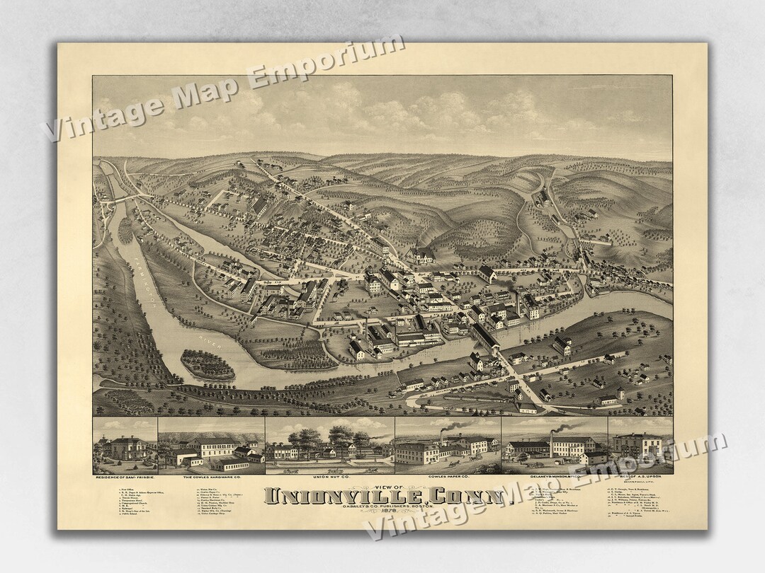 1878 Unionville, Connecticut Map - Panoramic Old City Map - Historic ...