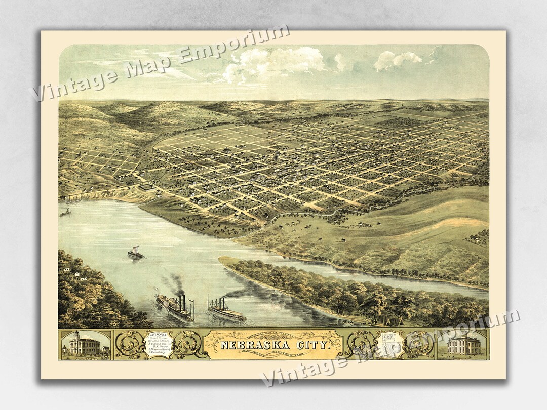 1868 Nebraska City, Nebraska Map - Panoramic Old City Map - Historic ...