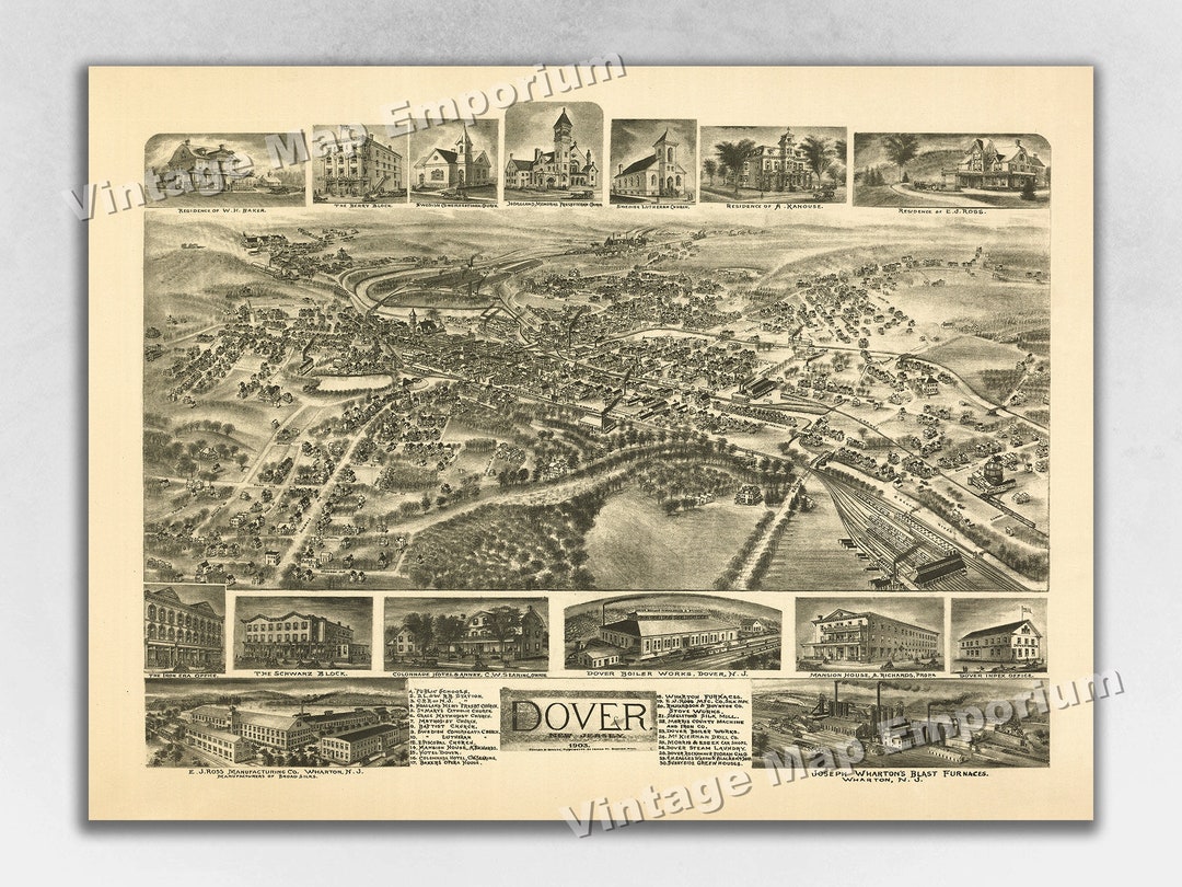 1903 Dover, New Jersey Map - Panoramic Old City Map - Historic Birds ...