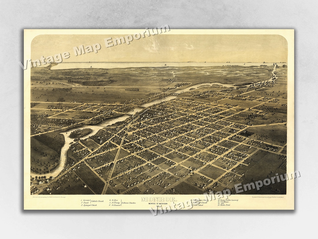 1866 Monroe, Michigan Map - Panoramic Old City Map - Historic Birds Eye ...