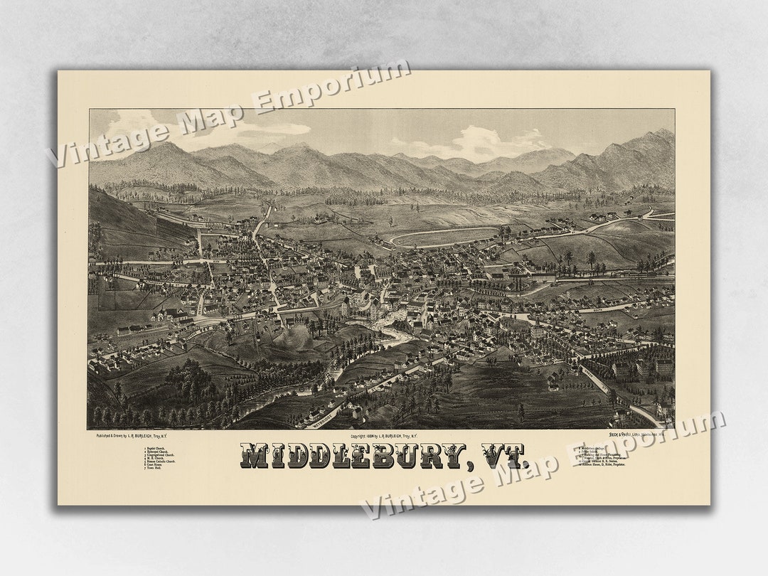 1886 Middlebury, Vermont Map - Panoramic Old City Map - Historic Birds ...