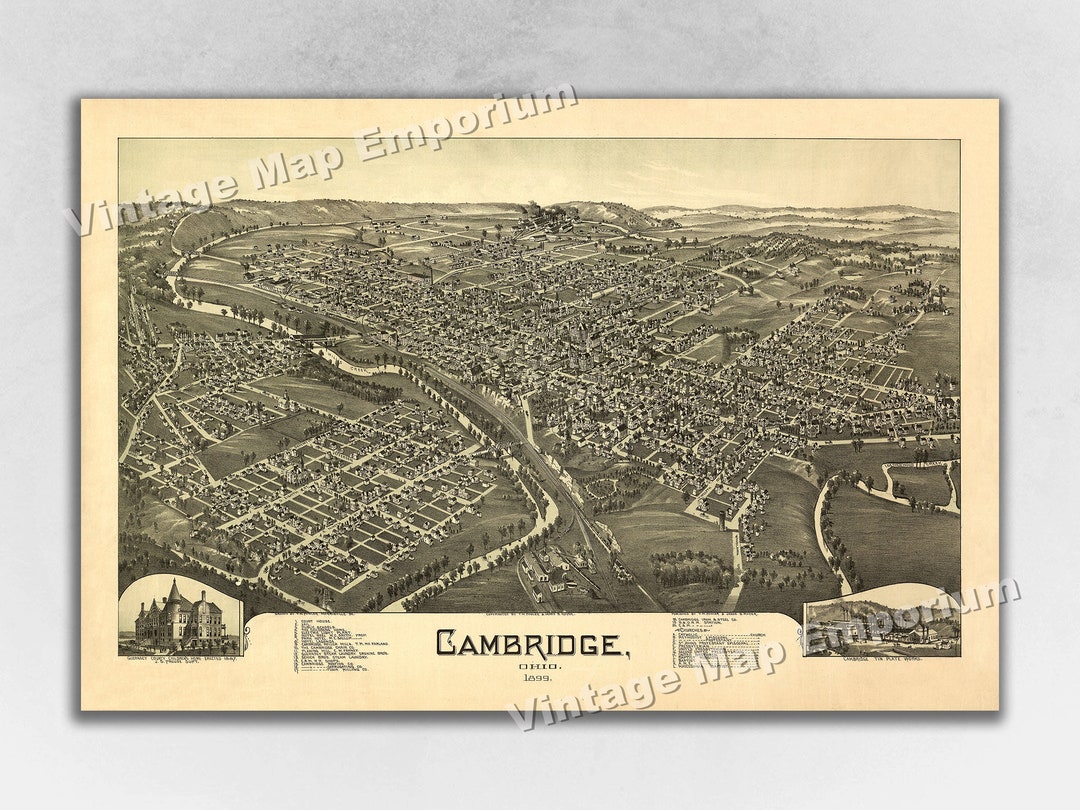 1899 Cambridge, Ohio Map - Panoramic Old City Map - Historic Birds Eye ...