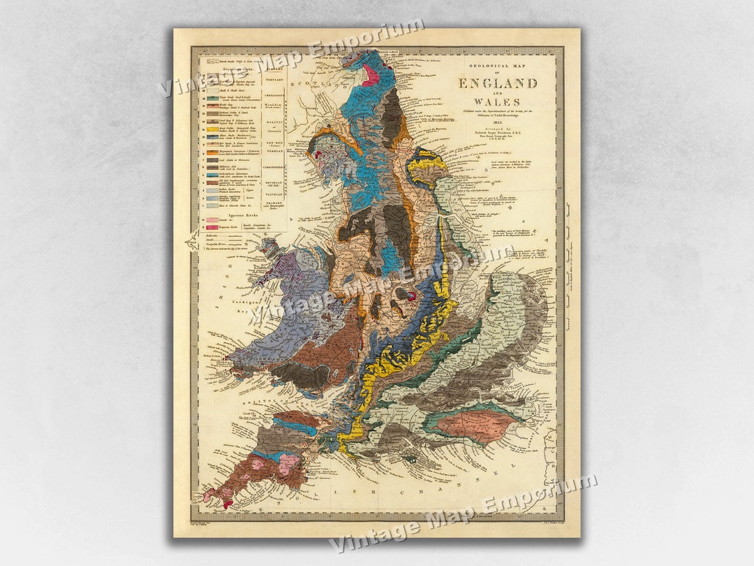 1843 Geologic Map of England and Wales - British UK Geology Chart Wall ...