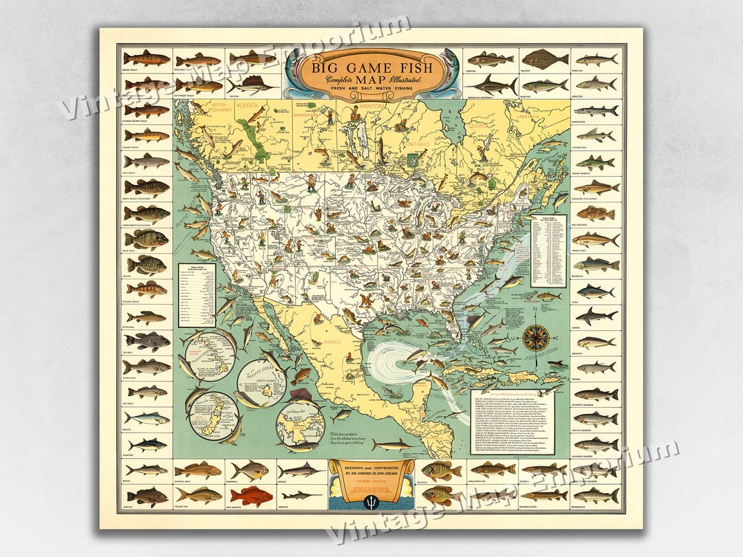 1936 Big Game Fish Map - Complete Illustrated Map - Fresh and Salt ...