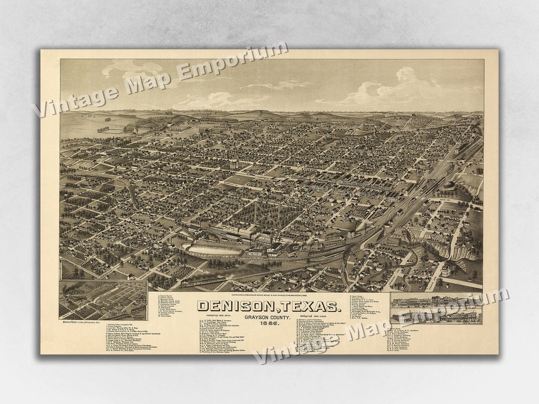1886 Denison, Texas Mapa Mapa panorámico de la ciudad vieja Historic ...