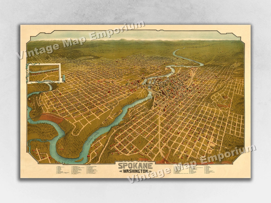 1905 Spokane, Washington Map - Panoramic Old City Map - Historic Birds ...
