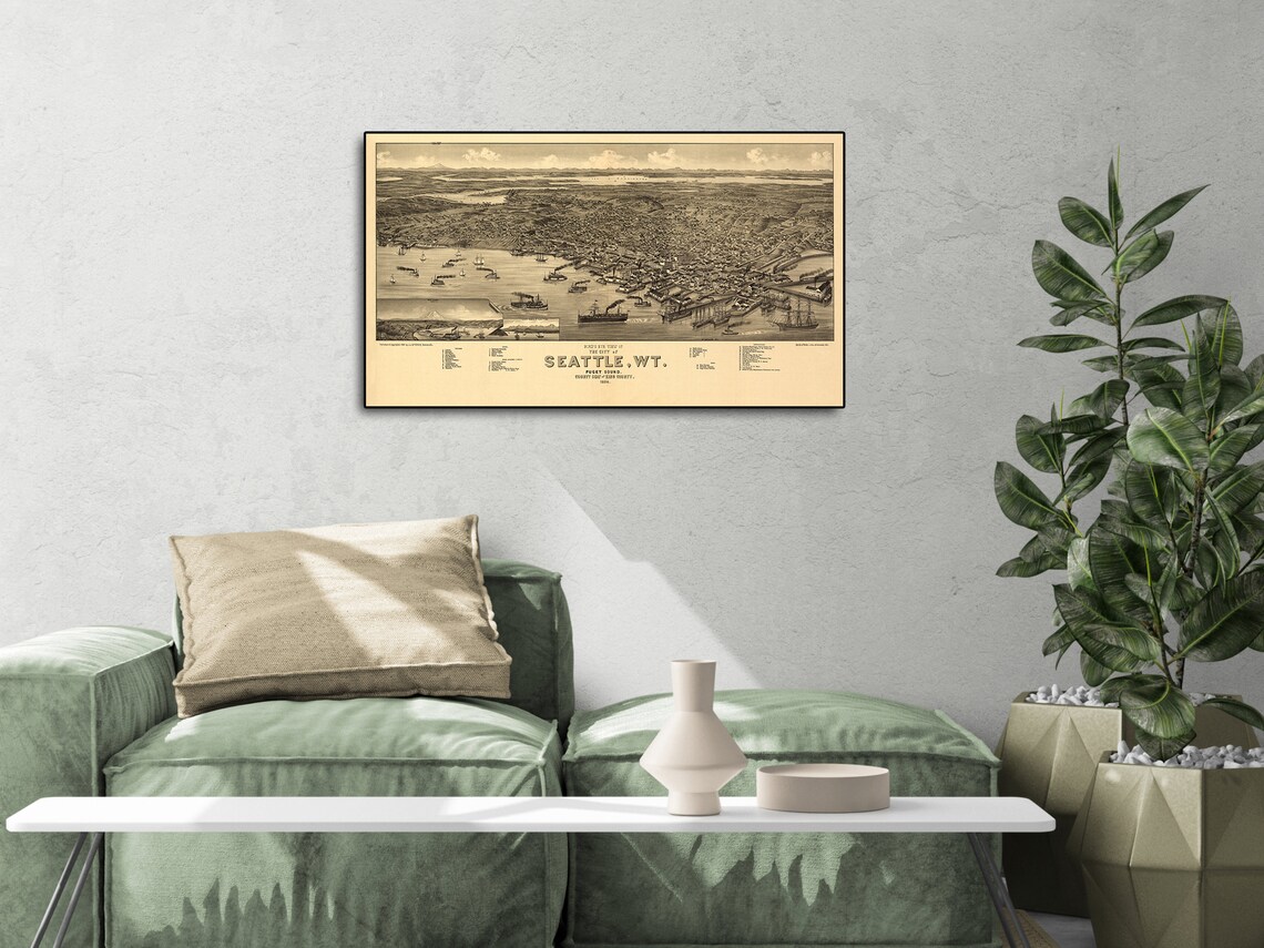 1884 Seattle, Washington Map - Panoramic Old City Map - Historic Birds ...