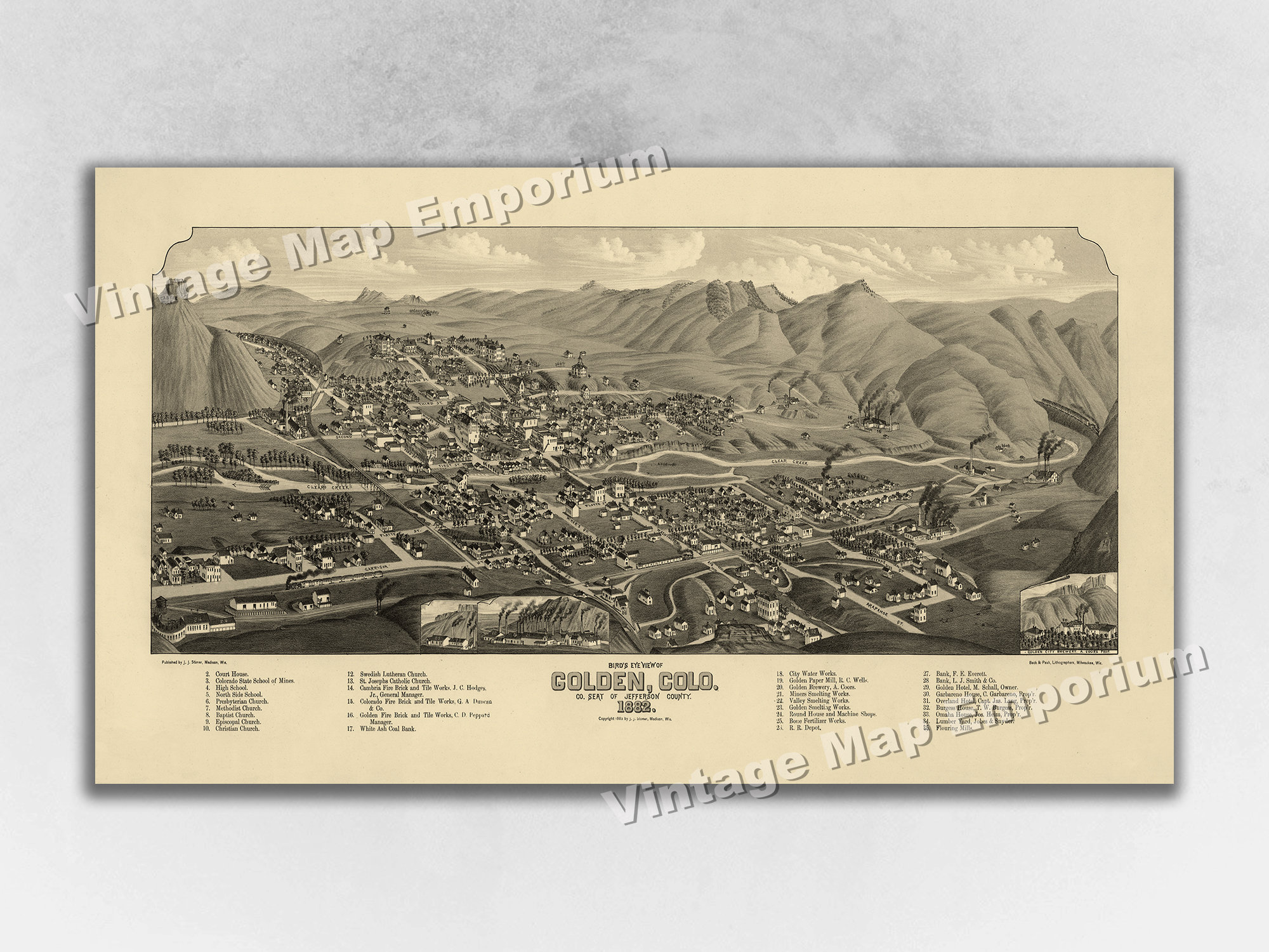 1882 Golden, Colorado Map - Panoramic Old City Map - Historic Birds Eye ...