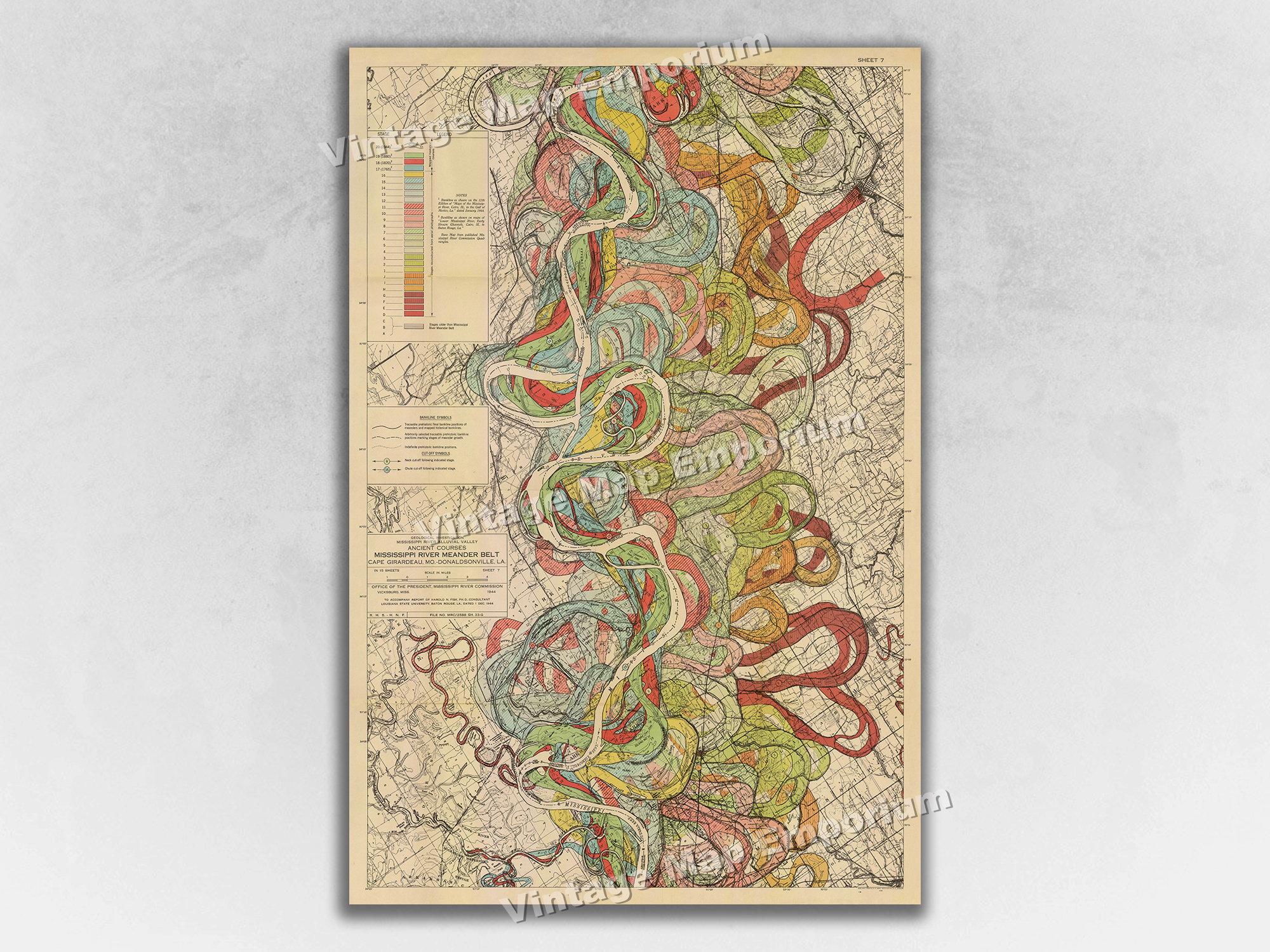 Home Décor Vintage Wall Map Art Decor Fisk Mississippi River Meander ...