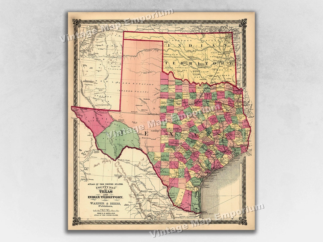 1875 County Map of State of Texas and Oklahoma Indian Territory - Etsy