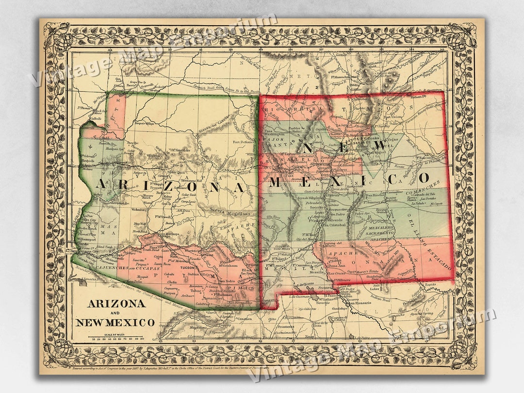 1867 New Mexico & Arizona Historic State Map - Wall Map Art Print - Etsy