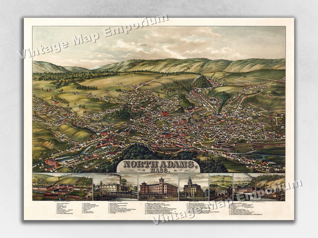 1881 North Adams, Massachusetts Map - Panoramic Old City Map - Historic ...