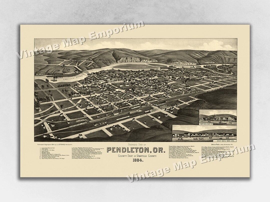 1884 Pendleton, Oregon Map - Panoramic Old City Map - Historic Birds ...