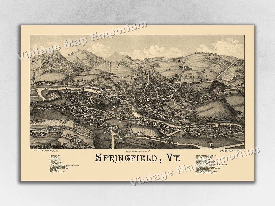 1886 Springfield, Vermont Map - Panoramic Old City Map - Historic Birds ...