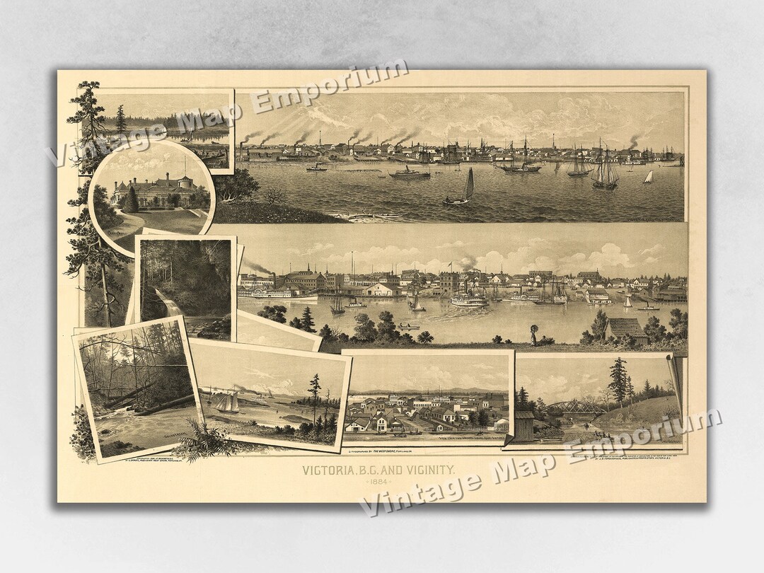 1884 Victoria, Canada Map - Panoramic Old City Map - Historic Birds Eye ...